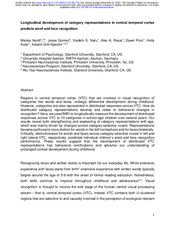 (PDF) Longitudinal development of category representations in ventral ...