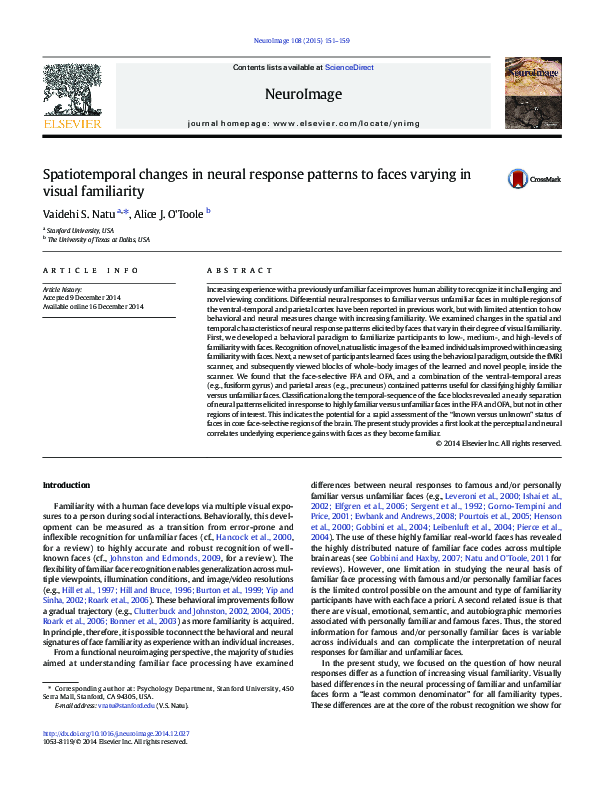 (PDF) Spatiotemporal changes in neural response patterns to faces varying in visual familiarity