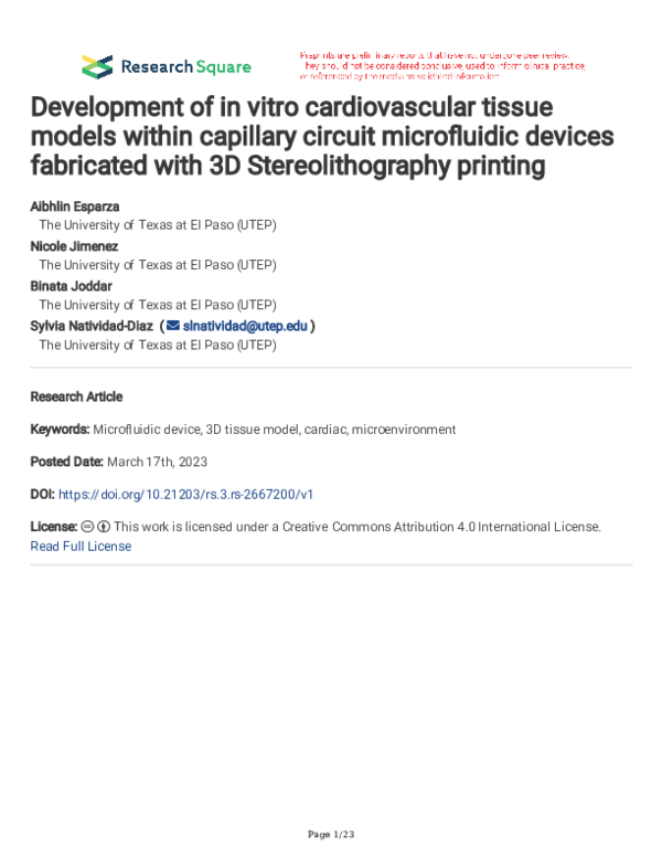 (PDF) Development of in vitro cardiovascular tissue models within capillary circuit microfluidic ...