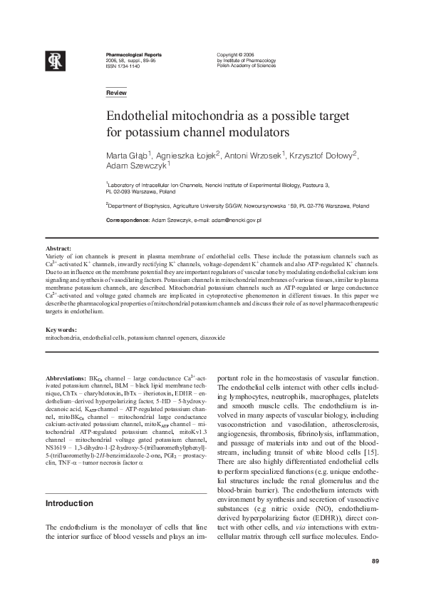(PDF) Endothelial mitochondria as a possible target for potassium ...