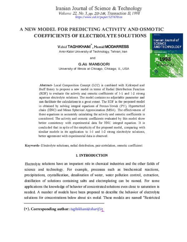 (PDF) A New Model for Predicting Activity and Osmotic Coefficients of Electrolyte Solutions