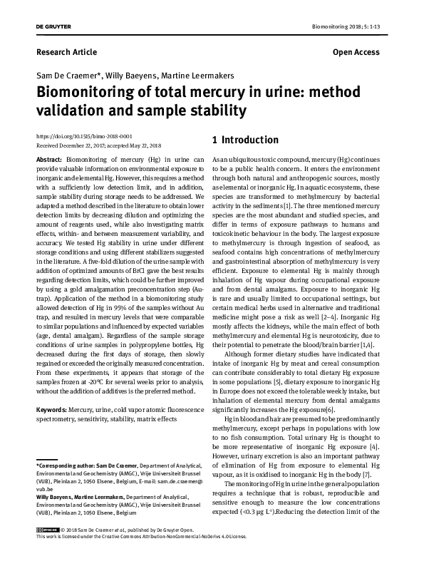 (PDF) Biomonitoring of total mercury in urine: method validation and ...