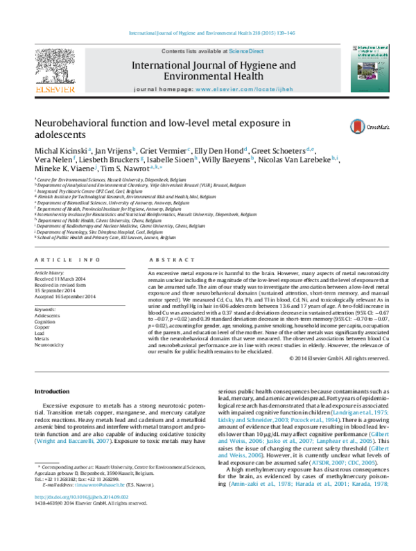 (PDF) Neurobehavioral function and low-level metal exposure in adolescents