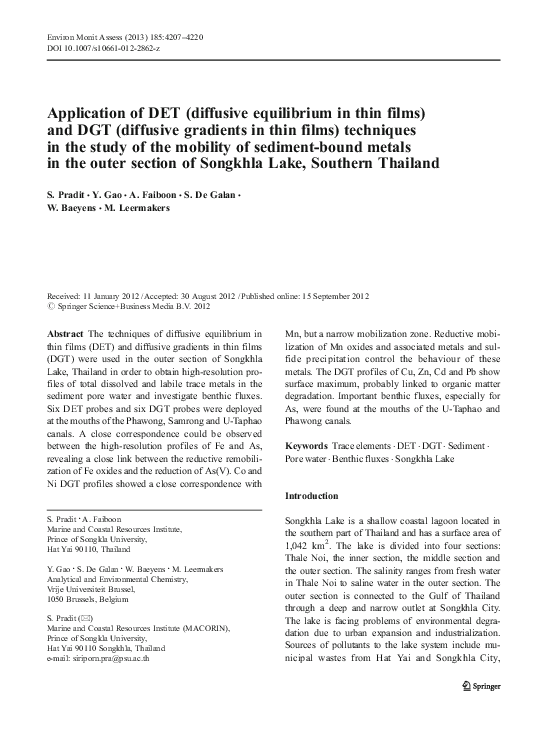 (PDF) Application of DET (diffusive equilibrium in thin films) and DGT ...