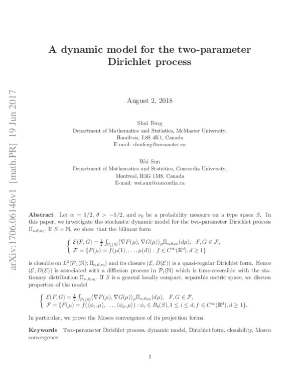 (PDF) A dynamic model for the two-parameter Dirichlet process | Shui Feng - Academia.edu