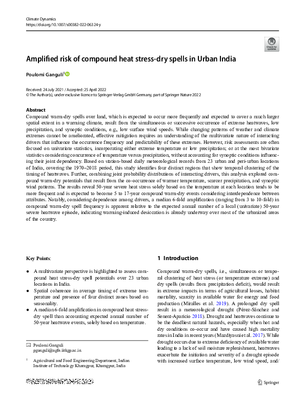(PDF) Amplified risk of compound heat stress-dry spells in Urban India