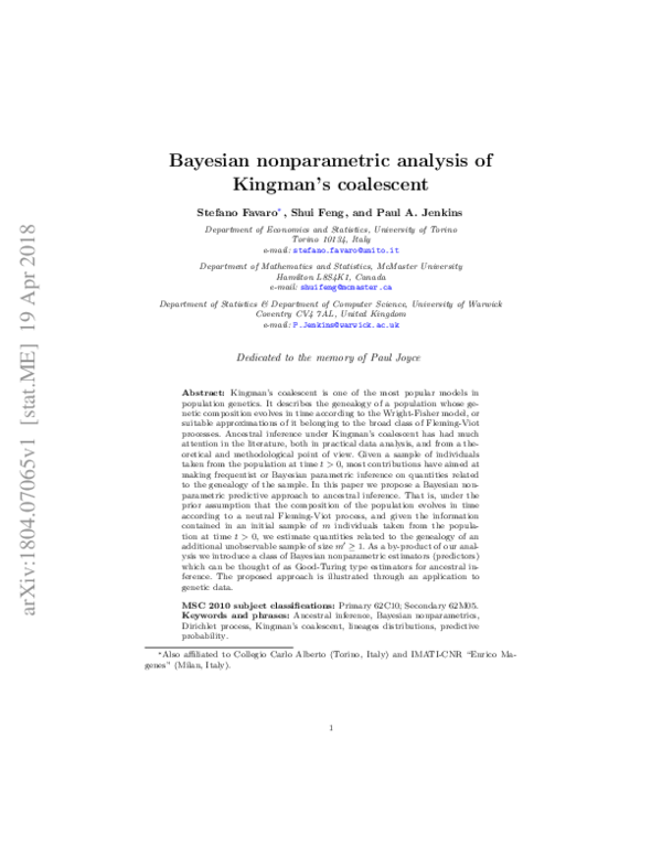 (PDF) Bayesian nonparametric analysis of Kingman's coalescent