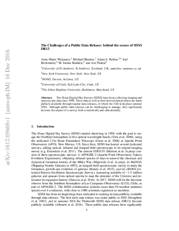 (PDF) The Challenges of a Public Data Release: behind the Scenes of SDSS DR13