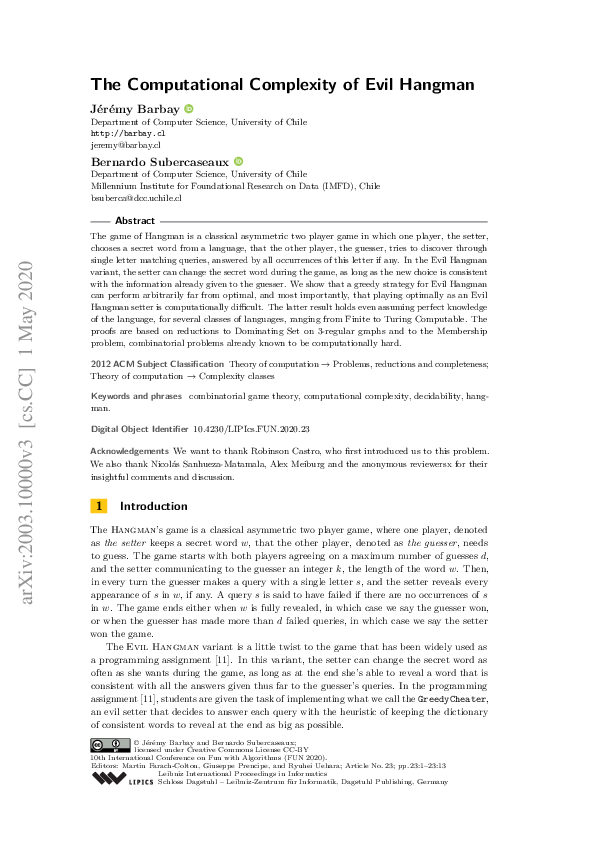 (PDF) The Computational Complexity of Evil Hangman