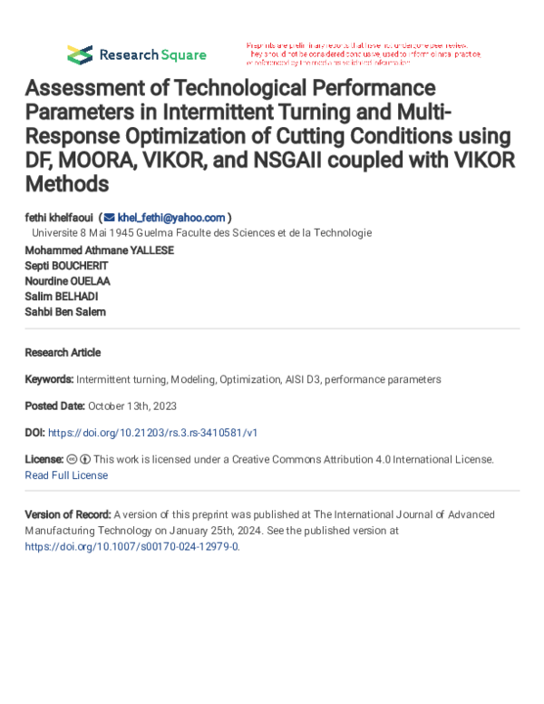 (PDF) Assessment of Technological Performance Parameters in Intermittent Turning and Multi ...