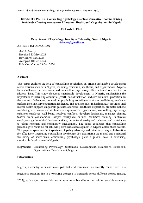 (PDF) KEYNOTE PAPER: Counselling Psychology as a Transformative Tool ...