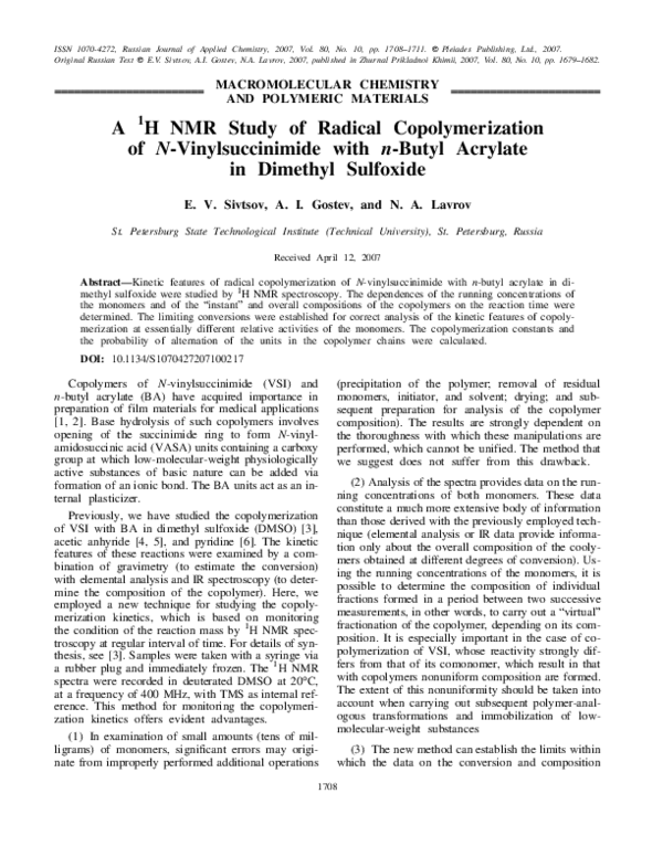 (PDF) A 1H NMR study of radical copolymerization of N-vinylsuccinimide ...