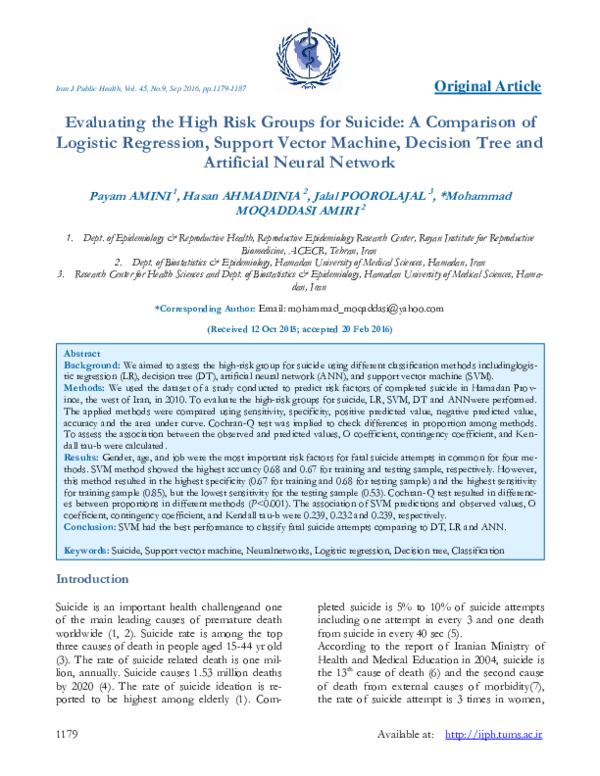 (PDF) Evaluating the High Risk Groups for Suicide: A Comparison of Logistic Regression, Support ...