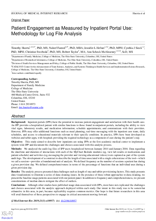 (PDF) Patient Engagement as Measured by Inpatient Portal Use: Methodology for Log File Analysis ...