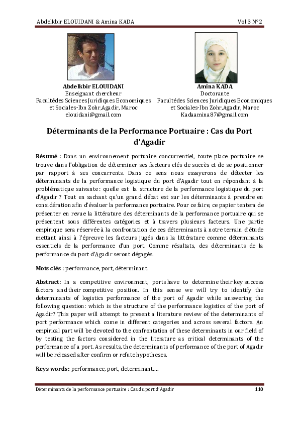 (PDF) Déterminants de la Performance Portuaire : Cas du Port d’Agadir