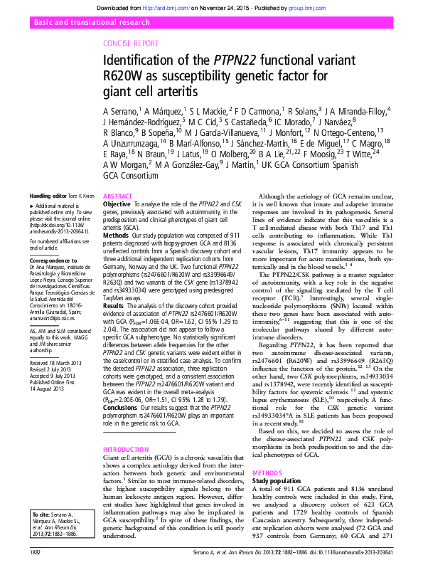 (PDF) Identification of the PTPN22 functional variant R620W as ...