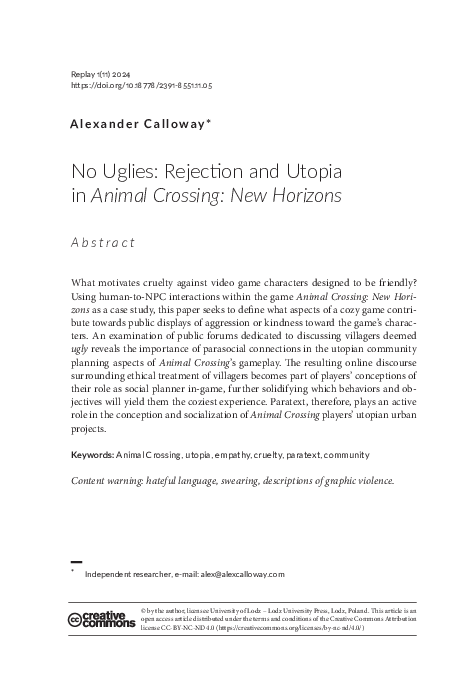 (PDF) No Uglies: Rejection and Utopia in Animal Crossing: New Horizons