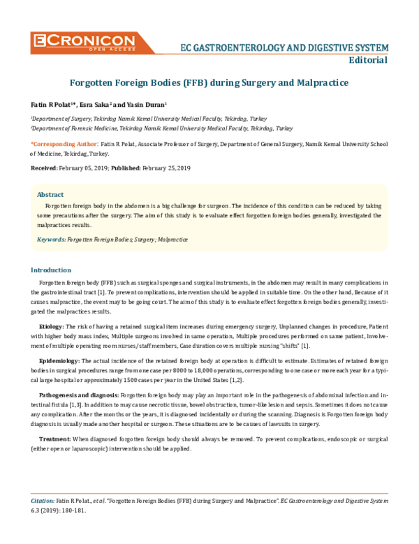 (PDF) Forgotten Foreign Bodies (FFB) during Surgery and Malpractice