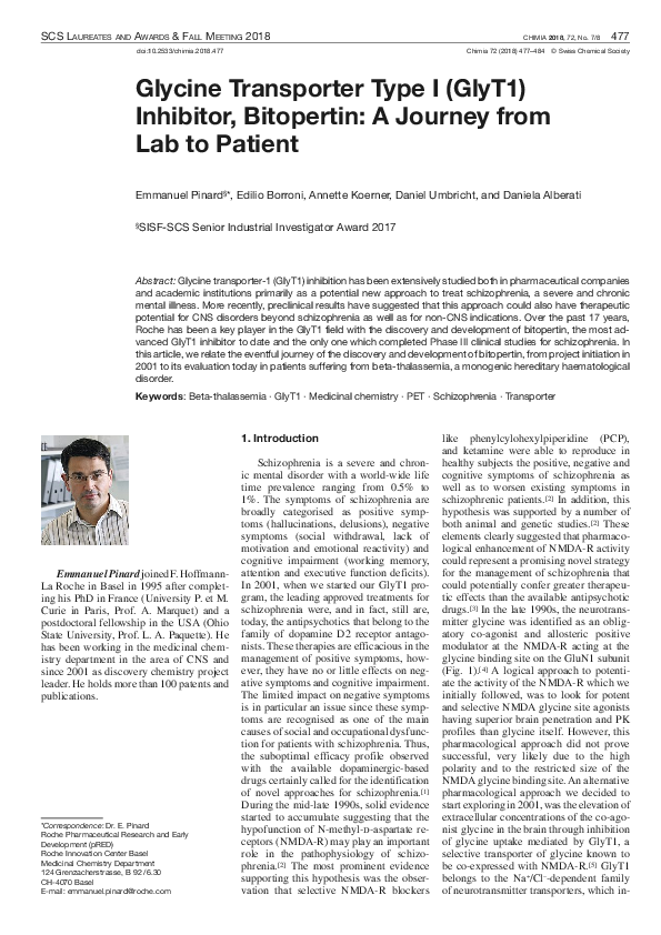 (PDF) Glycine Transporter Type I (GlyT1) Inhibitor, Bitopertin: A ...