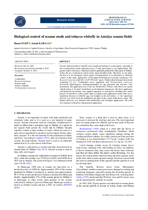 (PDF) Biological control of sesame moth and tobacco whitefly in Antalya ...