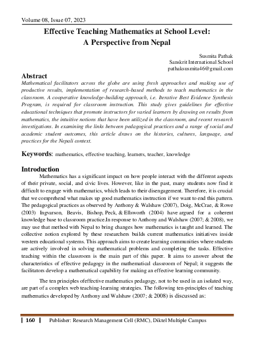 (PDF) Effective Teaching Mathematics at School Level: A Perspective ...