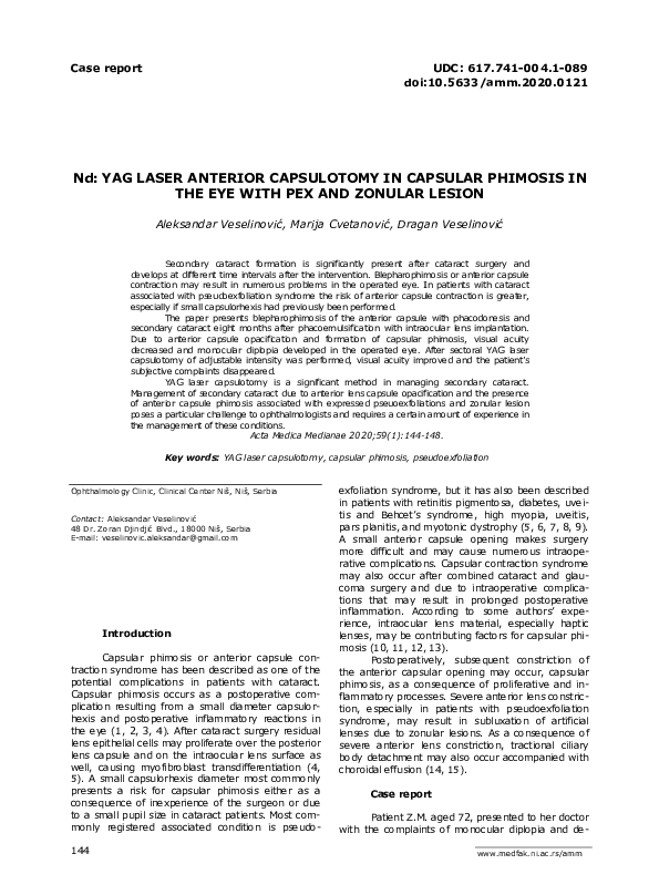 (PDF) Nd: YAG LASER ANTERIOR CAPSULOTOMY IN CAPSULAR PHIMOSIS IN THE ...