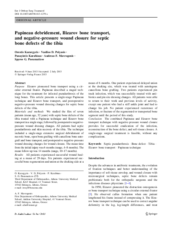 (PDF) Papineau debridement, Ilizarov bone transport, and negative ...