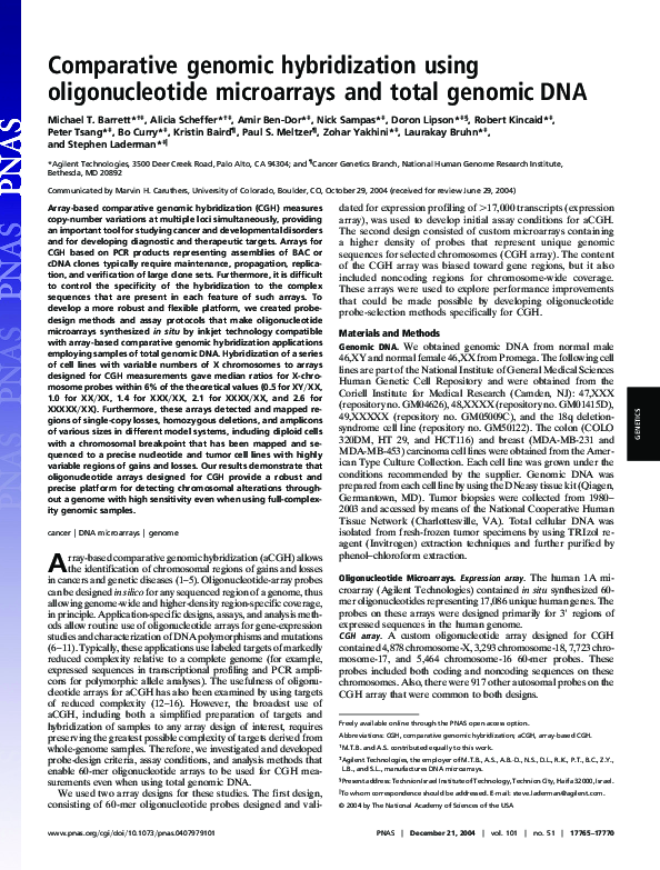 (PDF) Comparative genomic hybridization using oligonucleotide microarrays and total genomic DNA ...