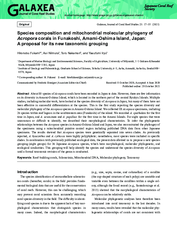 (PDF) Species composition and mitochondrial molecular phylogeny of Acropora corals in Funakoshi ...