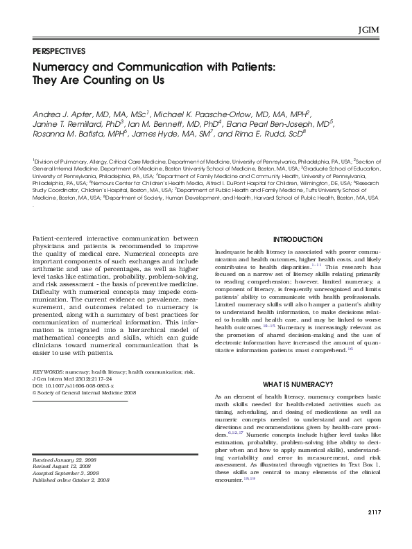 (PDF) Numeracy and Communication with Patients: They Are Counting on Us