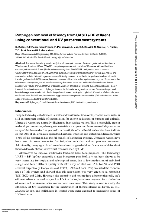 (PDF) Pathogen removal efficiency from UASB + BF effluent using conventional and UV post ...