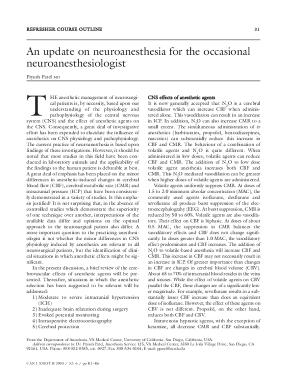 (PDF) An update on neuroanesthesia for the occasional neuroanesthesiologist