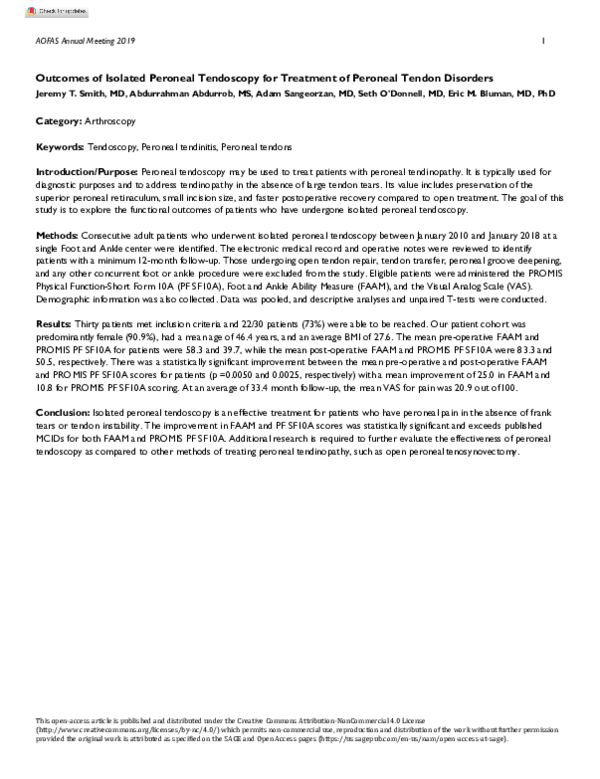 (PDF) Outcomes of Isolated Peroneal Tendoscopy for Treatment of Peroneal Tendon Disorders