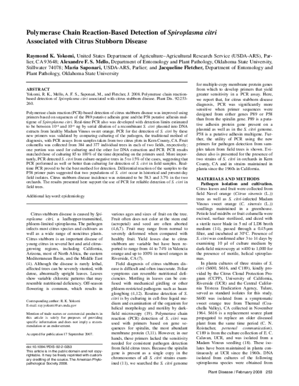 (PDF) Polymerase Chain Reaction-Based Detection of Spiroplasma citri ...