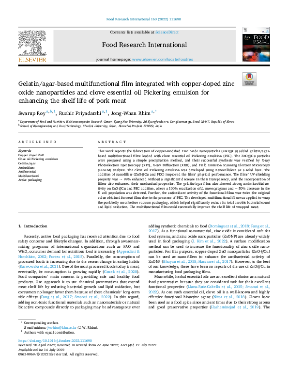 (PDF) Gelatin/agar-based multifunctional film integrated with copper ...