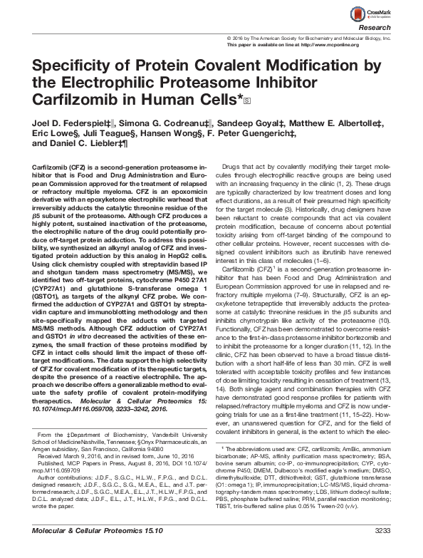 (PDF) Specificity of protein covalent modification by the electrophilic proteasome inhibitor ...