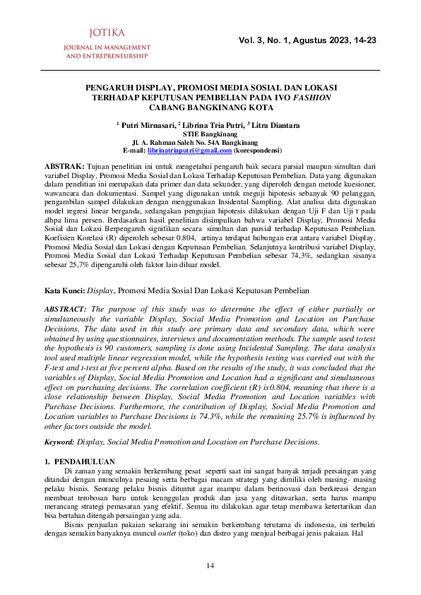 (PDF) Pengaruh Display, Promosi Media Sosial Dan Lokasi Terhadap Keputusan Pembelian Pada Ivo ...