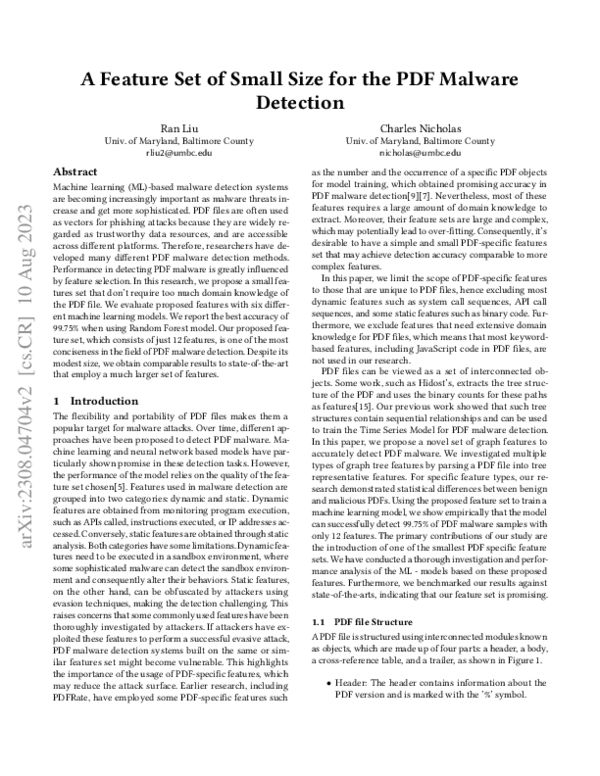 (PDF) A Feature Set of Small Size for the PDF Malware Detection