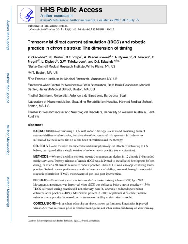 (PDF) Transcranial direct current stimulation (tDCS) and robotic practice in chronic stroke: The ...