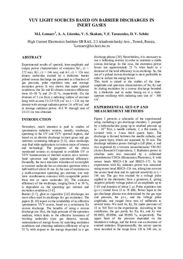 (PDF) Vuv Light Sources Based on Barrier Discharges in Inert Gases