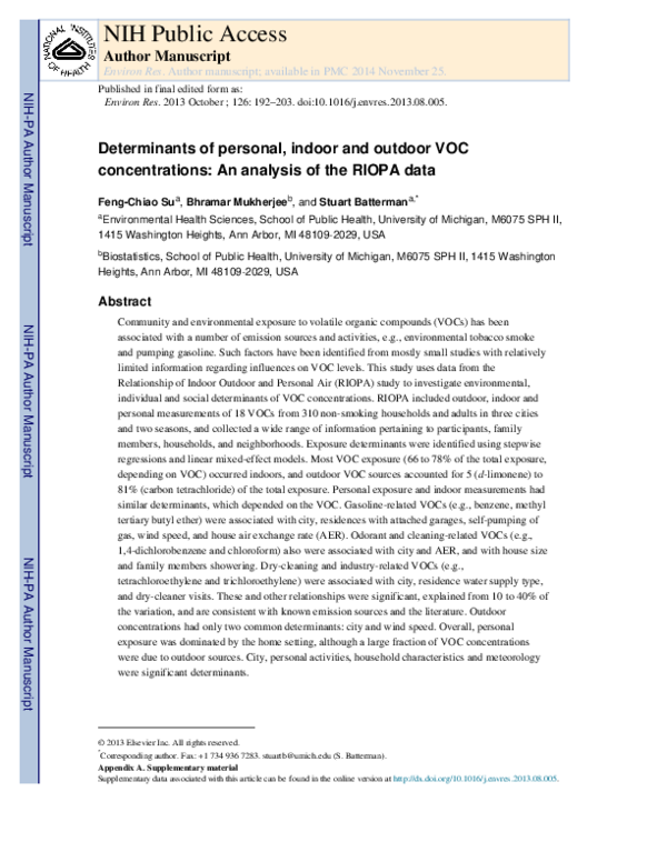 (PDF) Determinants of personal, indoor and outdoor VOC concentrations ...