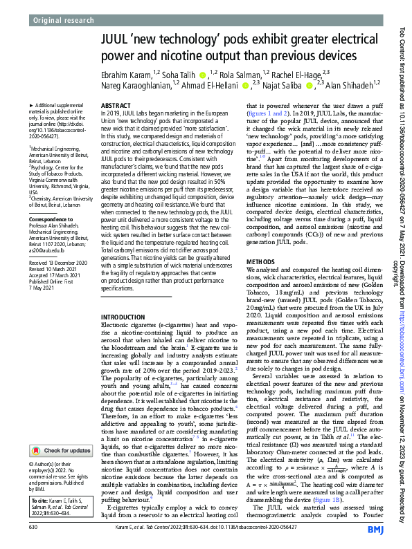 (PDF) JUUL ‘new technology’ pods exhibit greater electrical power and nicotine output than ...