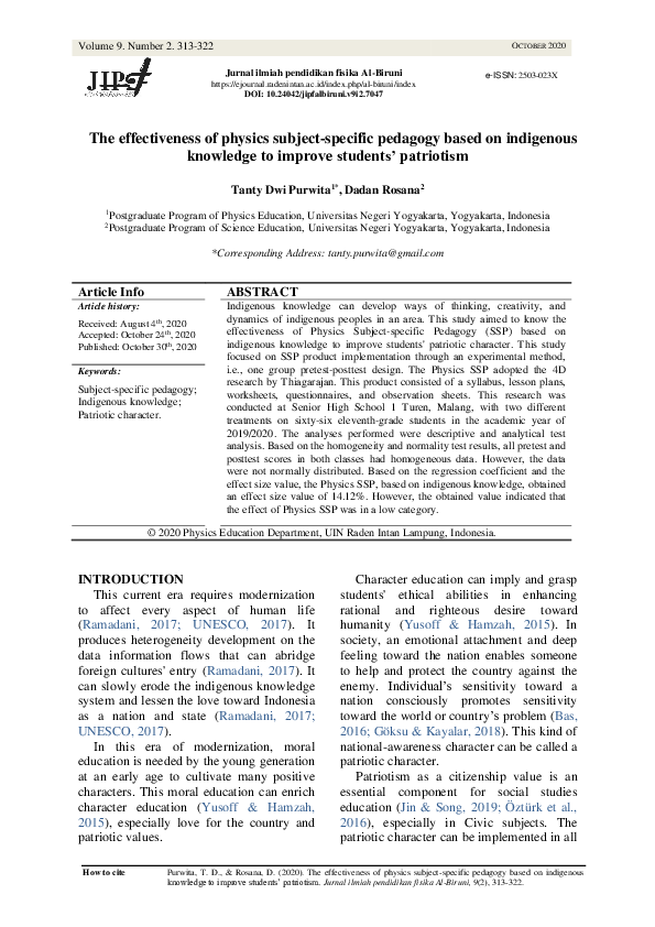(PDF) The Effectiveness of Physics Subject-Specific Pedagogy Based on Indigenous Knowledge to ...