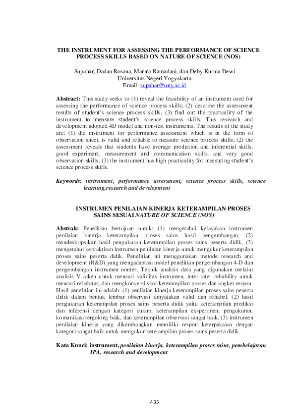 (PDF) The Instrument for Assessing the Performance of Science Process ...