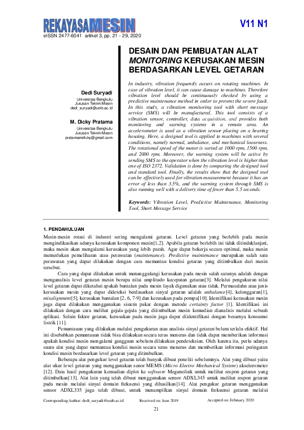 Pdf Desain Dan Pembuatan Alat Monitoring Kerusakan Mesin Berdasarkan Level Getaran