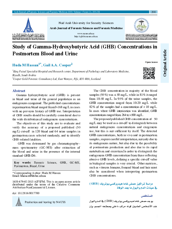 (PDF) Study of Gamma - Hydroxybutyric Acid ( GHB ) Concentrations in Postmortem Blood and Urine ...