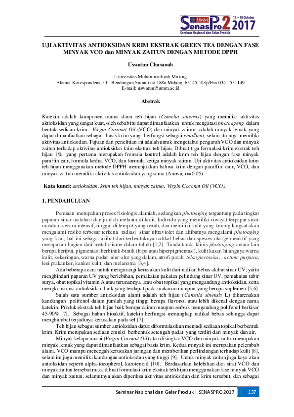 (PDF) UJI AKTIVITAS ANTIOKSIDAN KRIM EKSTRAK GREEN TEA DENGAN FASE ...