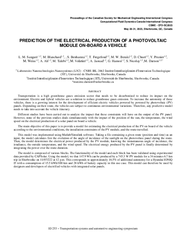 (PDF) Prediction of the electrical production of a photovoltaic module on-board a vehicle