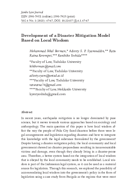 (PDF) Development of a Disaster Mitigation Model Based on Local Wisdom