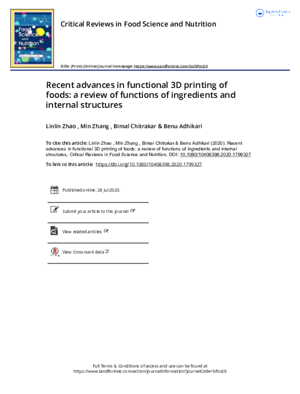 (PDF) Recent advances in functional 3D printing of foods: a review of ...